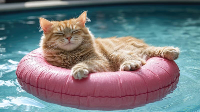 Orange Tabby Cat Relaxing on Pink Inflatable in Sunny Pool Day Stock ...
