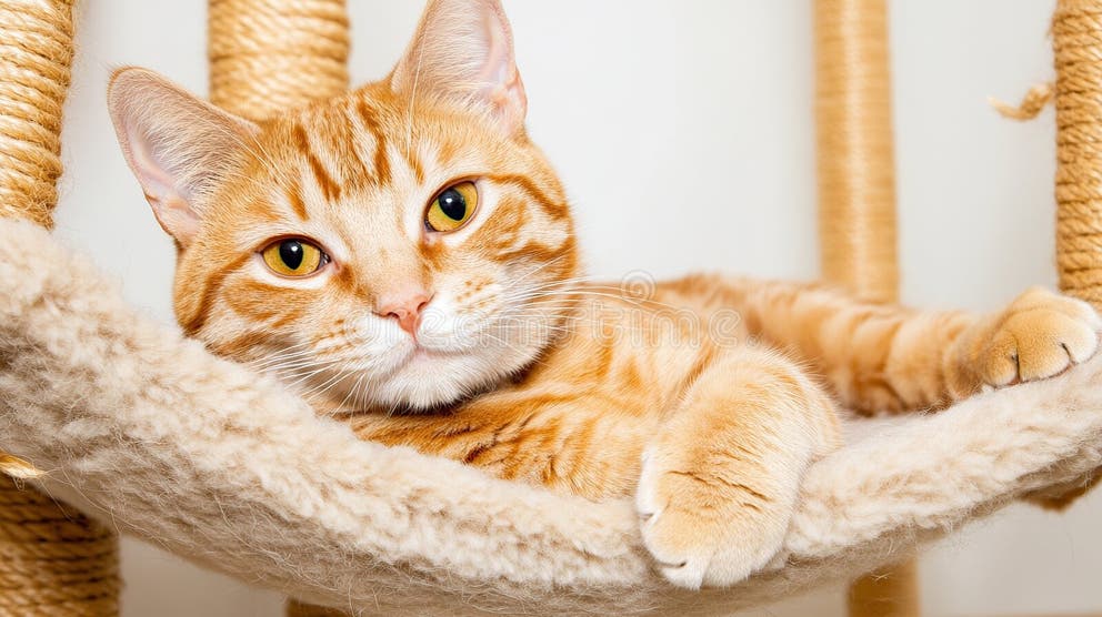 Orange Tabby Cat Relaxing on Cat Tree Bed, Indoors Stock Image - Image ...