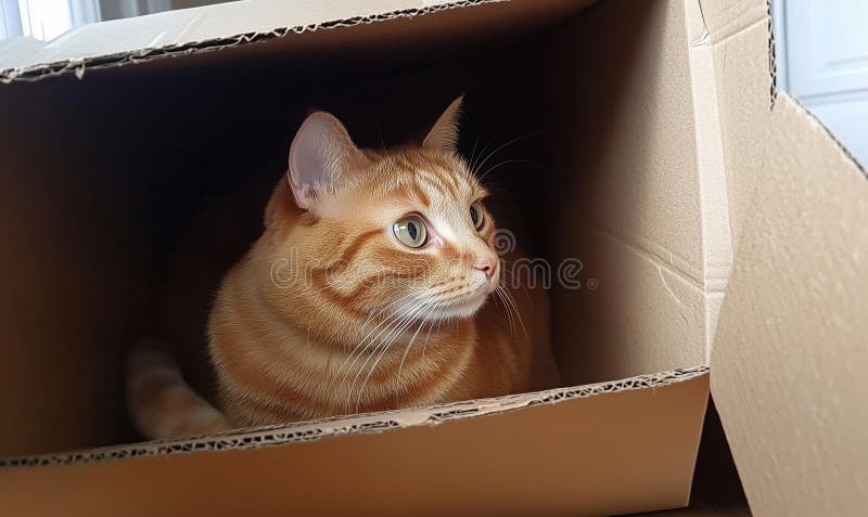 Curious Orange Cat Sitting Inside Cardboard Box Home Stock Photos ...