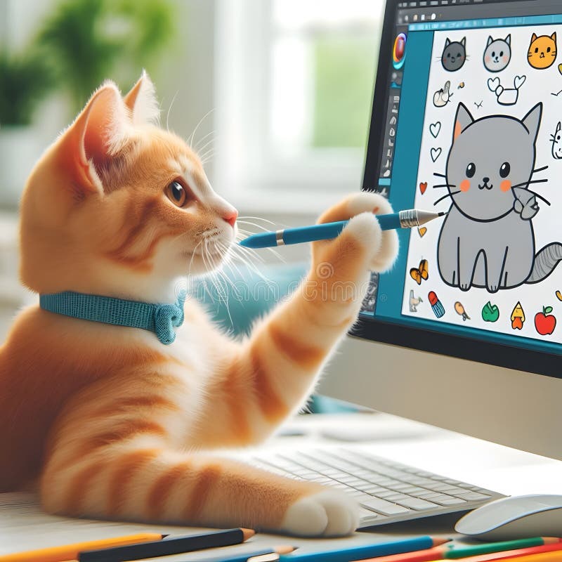 An Orange Tabby Cat Sits in Front of a Computer Screen, with a Simple ...