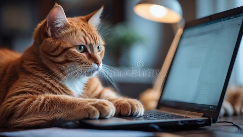 Ginger Cat Working at a Laptop, Looking Intently at the Screen, with ...