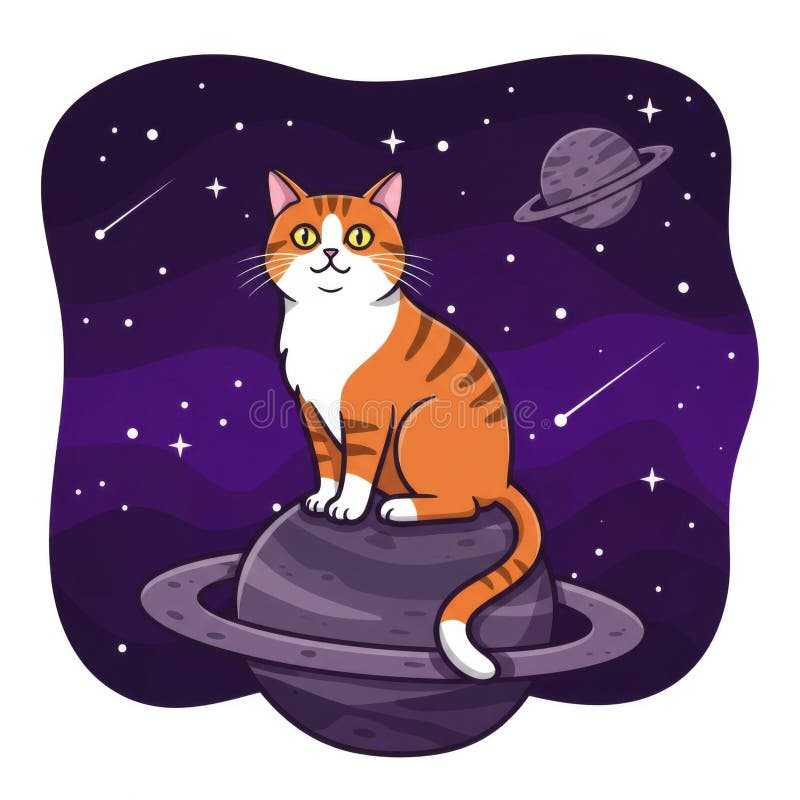 Orange Tabby Cat Sitting on a Planet in Space Stock Illustration ...