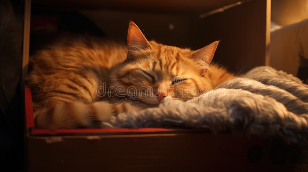 An Orange Tabby Cat Sleeping in a Box, AI Stock Photo - Image of cute ...