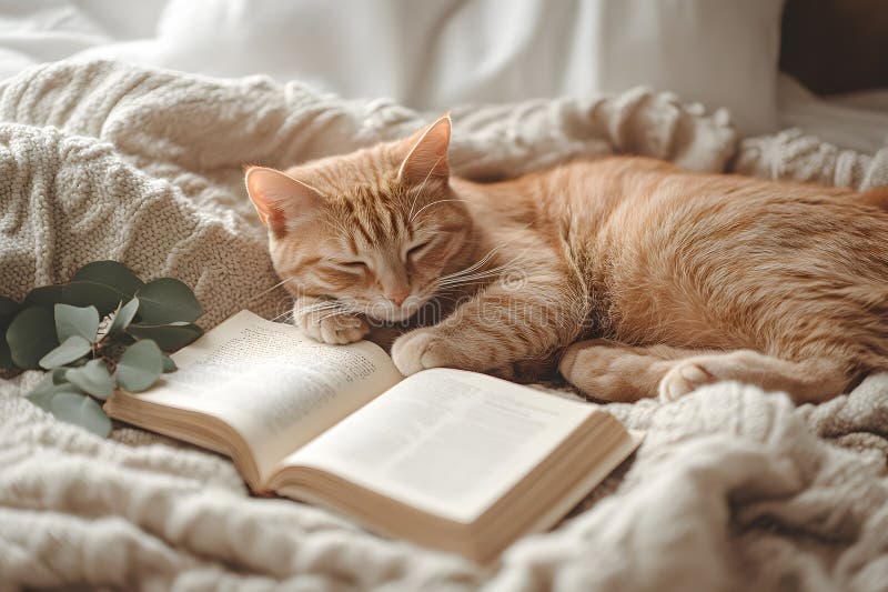 Orange Tabby Cat Sleeping Peacefully on an Open Book Stock Illustration ...