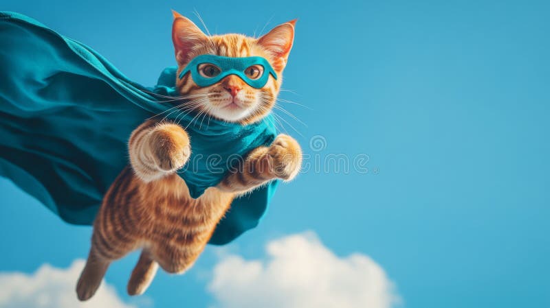 Orange Tabby Cat in Superhero Costume Flying through Blue Sky Stock ...