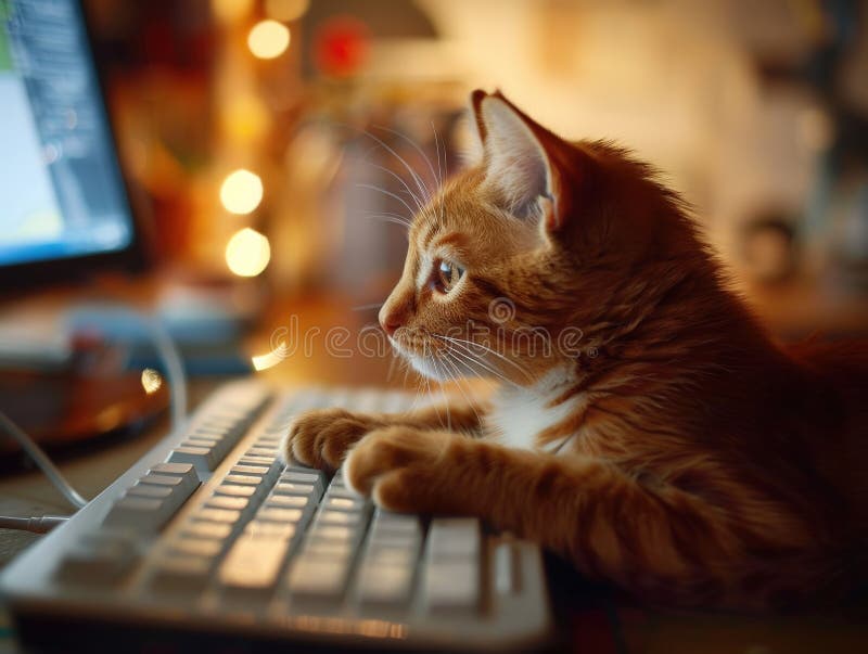 Orange Tabby Cat Using a Computer Stock Illustration - Illustration of ...