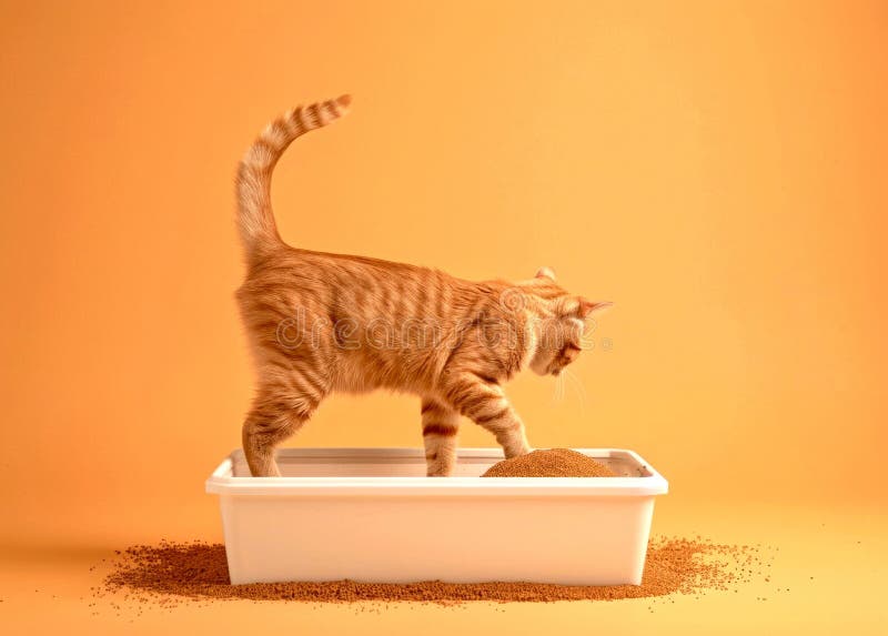 Orange Tabby Cat Using a White Litter Box Against an Orange Background ...