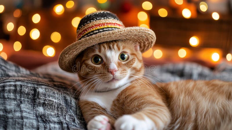 Orange Tabby Cat Wearing Straw Hat with Bokeh Lights Stock Illustration ...