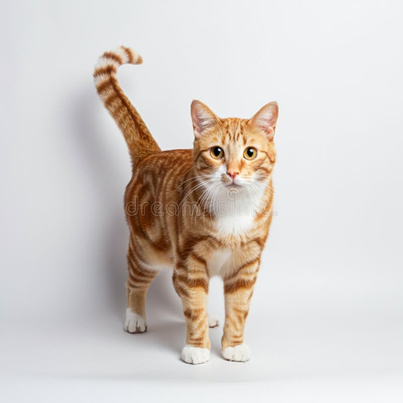 Orange Tabby Cat with White Paws and Chest Stands on a Plain White ...
