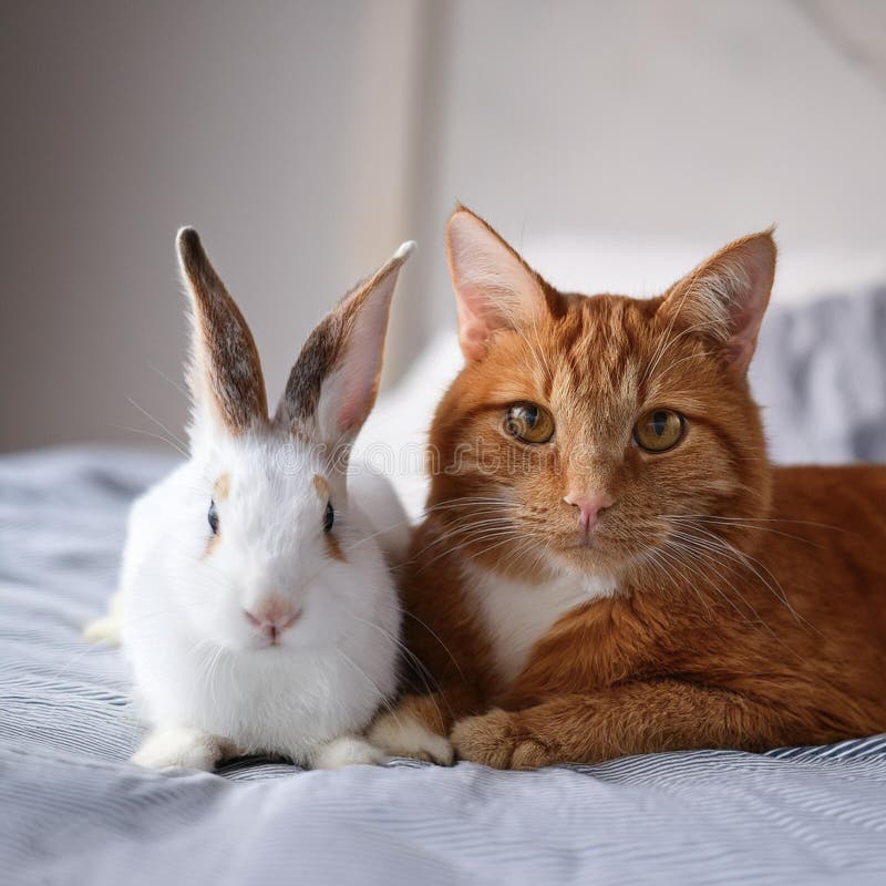 An Orange Tabby Cat and a White Rabbit on the Bed Stock Illustration ...