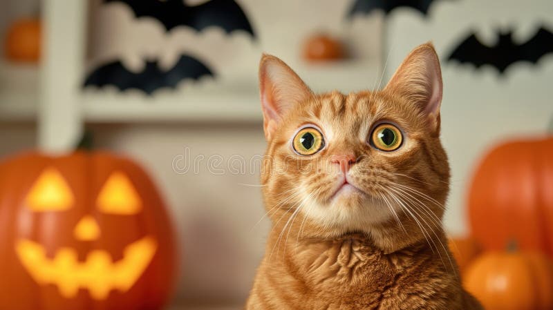 An Orange Tabby Cat Peering Out from between Green Leaves, AI Stock ...