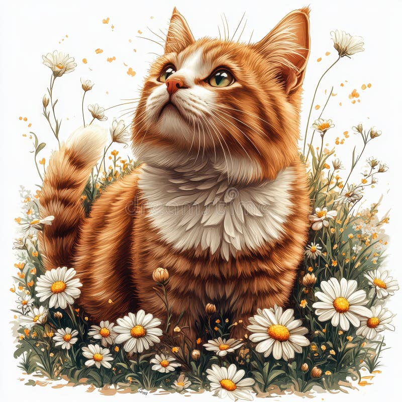Orange Tabby Kitten Amidst Daisies Spring Flowers Nature Stock ...