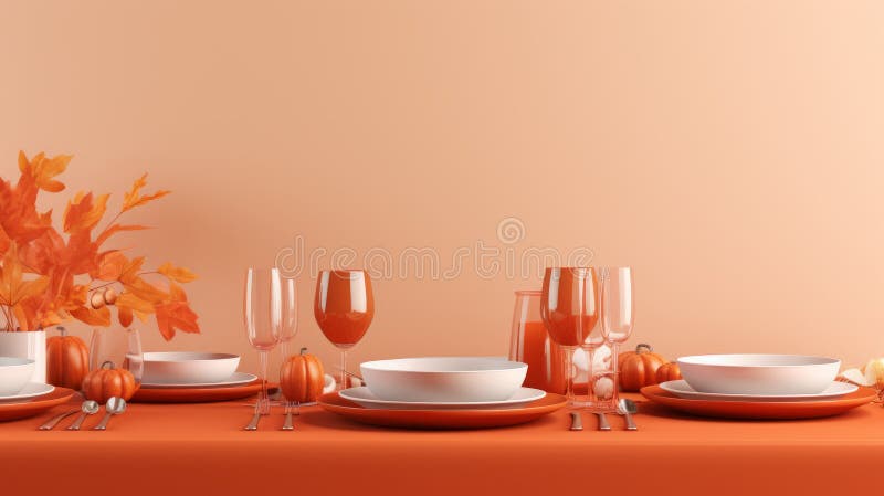 An Orange Table Setting with White Dishes and Plates Stock Illustration ...