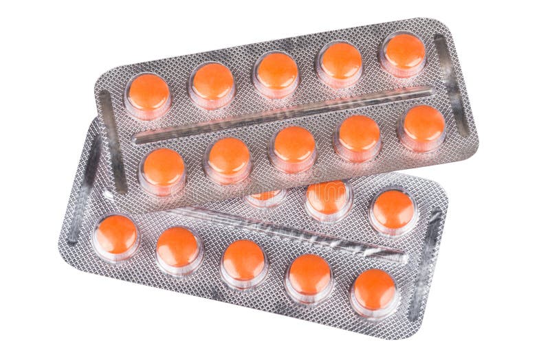 Orange Tablets in Male Hand Isolated on White Stock Image - Image of ...