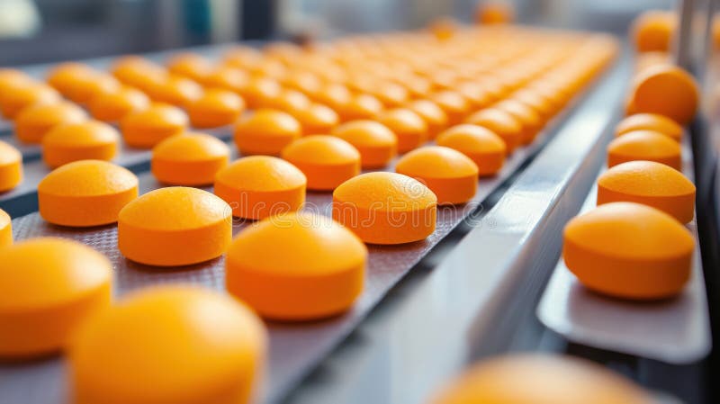 Orange Tablets on Conveyor Belt, Manufacturing Process, Industrial ...