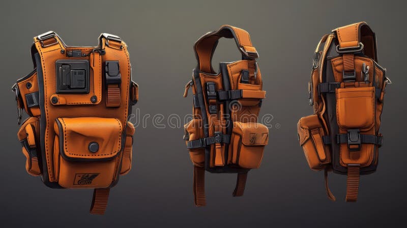 Orange Tactical Vest, Three-quarter View, Multiple Pockets, Straps, and ...
