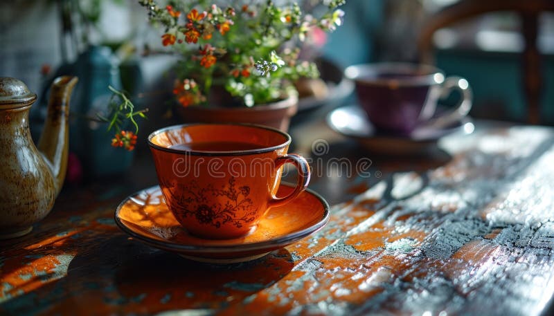Orange Tea Cup on a Sunny Table, Photo of Coffee Stock Illustration ...