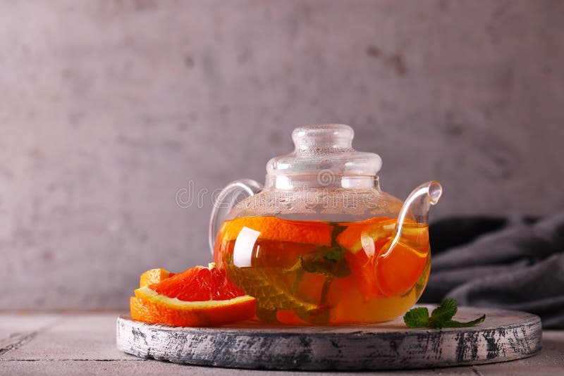 Orange Tea with Mint in a Teapot Stock Image - Image of liquid, green ...