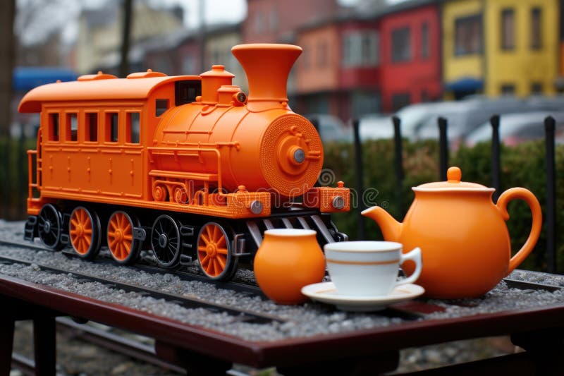 Orange Teapot on a Cafe Table with a Toy Train Set Stock Photo - Image ...