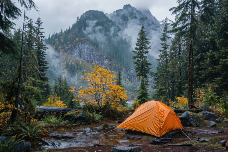 Orange Tent in Misty Forest Mountains with Fall Foliage and Tree ...