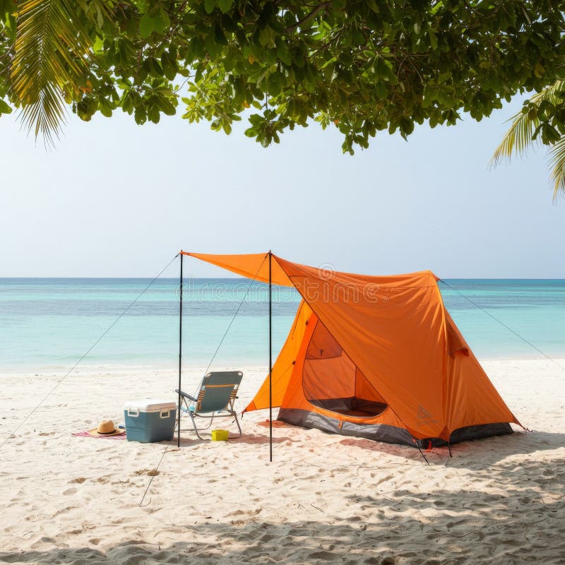 Orange Tent on Tropical Beach Under Tree Shade Stock Illustration ...