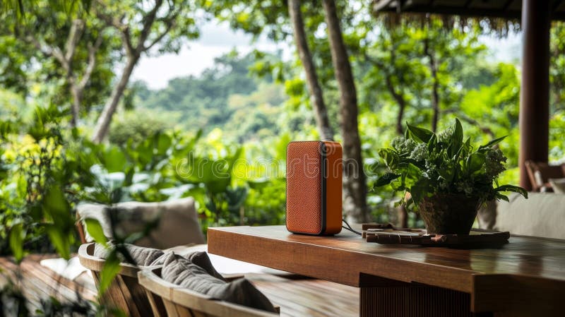 Orange Textured Speaker on Wooden Table in Lush Tropical Setting Stock ...