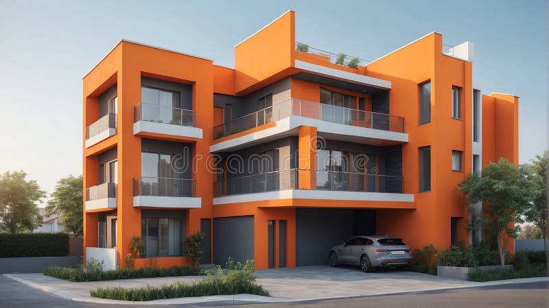 Orange Theme Apartment Duplex House Facade for Ai Generated Stock ...
