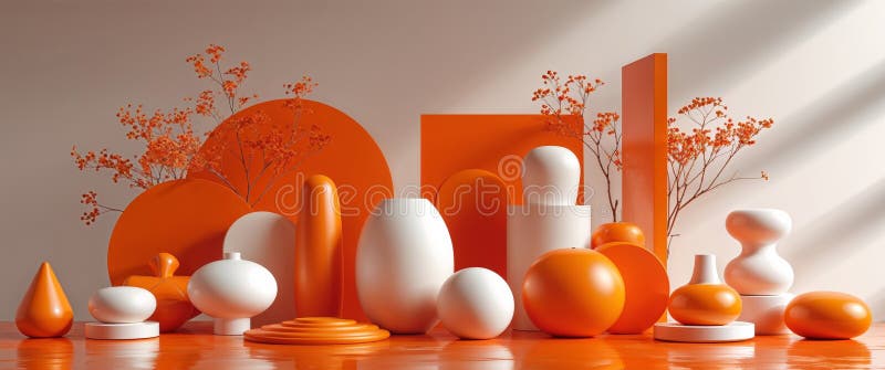 An Orange Themed Display Featuring Various Shapes and Objects. Stock ...