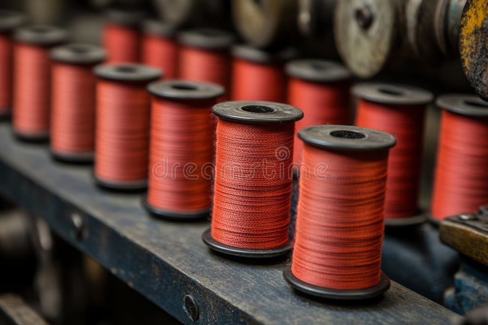 Orange Thread Spools Aligned on a Textile Manufacturing Machine Stock ...