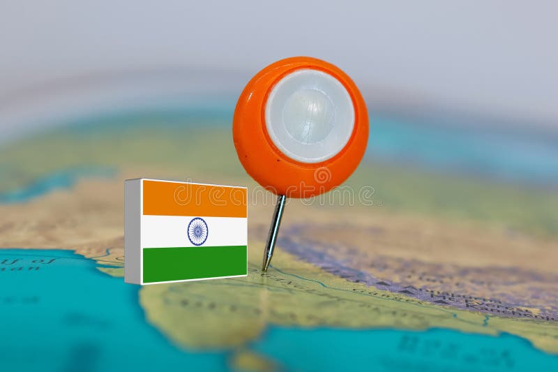 Orange Thumb Tack on India Map with Indian Flag Stock Photo - Image of ...