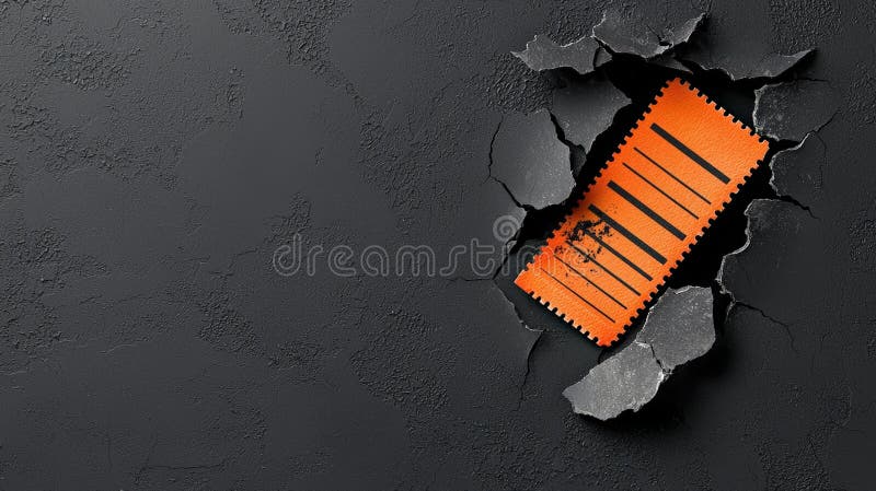 Orange Ticket Torn through a Cracked Wall Modern Design on a Dark ...