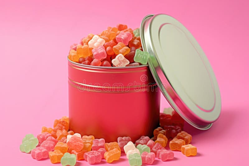 Orange Tin Can Overflowing with Pink Star-shaped Candies on a Pink ...