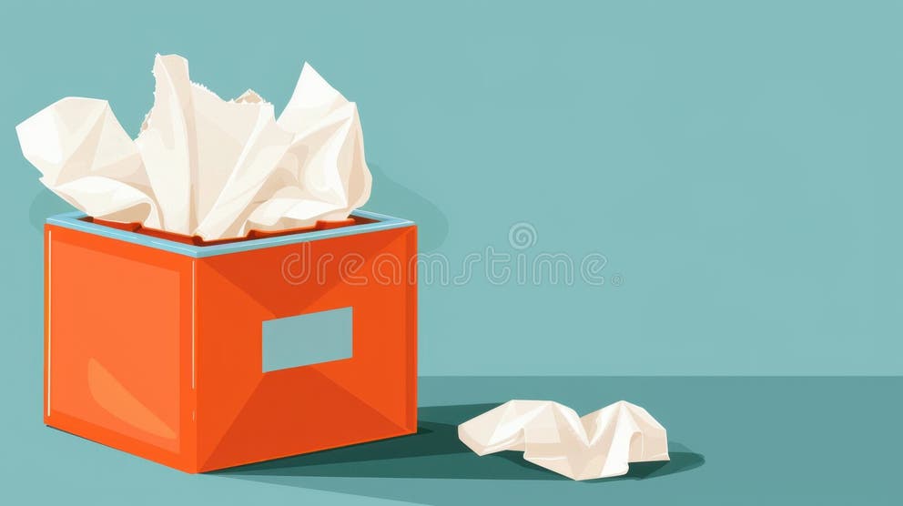 Orange Tissue Box with Crumpled Tissues on Blue Background Stock Photo ...