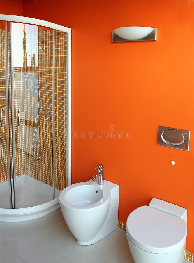 Modern Bathroom in Orange Color Stock Photo - Image of door, indoors ...