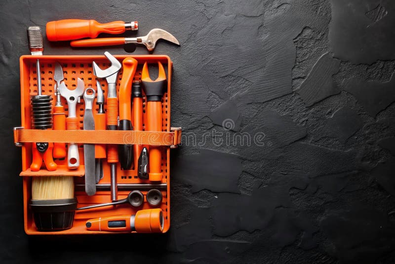 Orange Toolbox with Assorted Tools on Dark Textured Background Stock ...