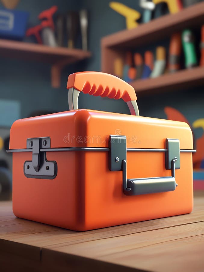 Orange Toolbox on Wooden Workbench in Workshop with Tools Background ...