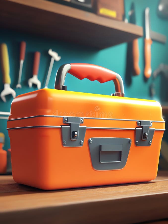 Orange Toolbox on Wooden Workbench in Workshop with Tools Background ...