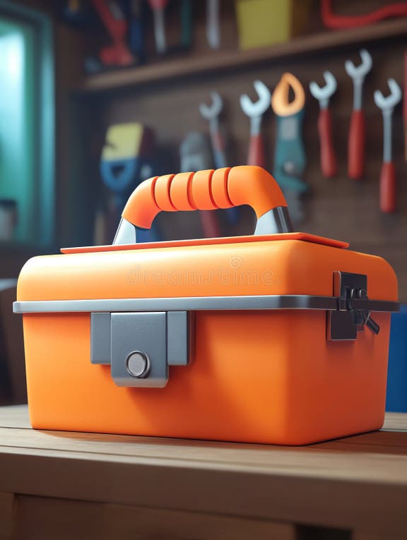 Orange Toolbox on Wooden Workbench in Workshop with Tools Background ...