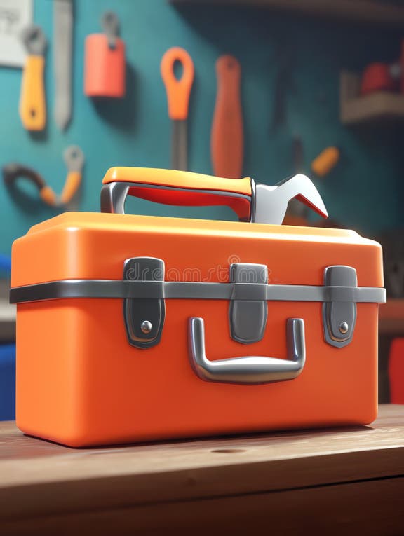 Orange Toolbox on Wooden Workbench in Workshop with Tools Background ...