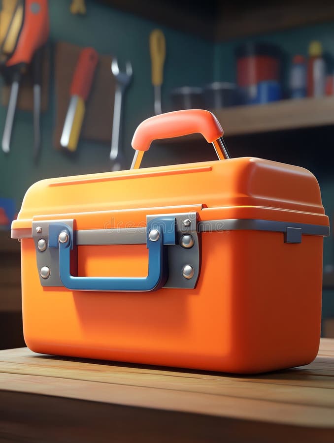 Orange Toolbox on Wooden Workbench in Workshop with Tools Background ...