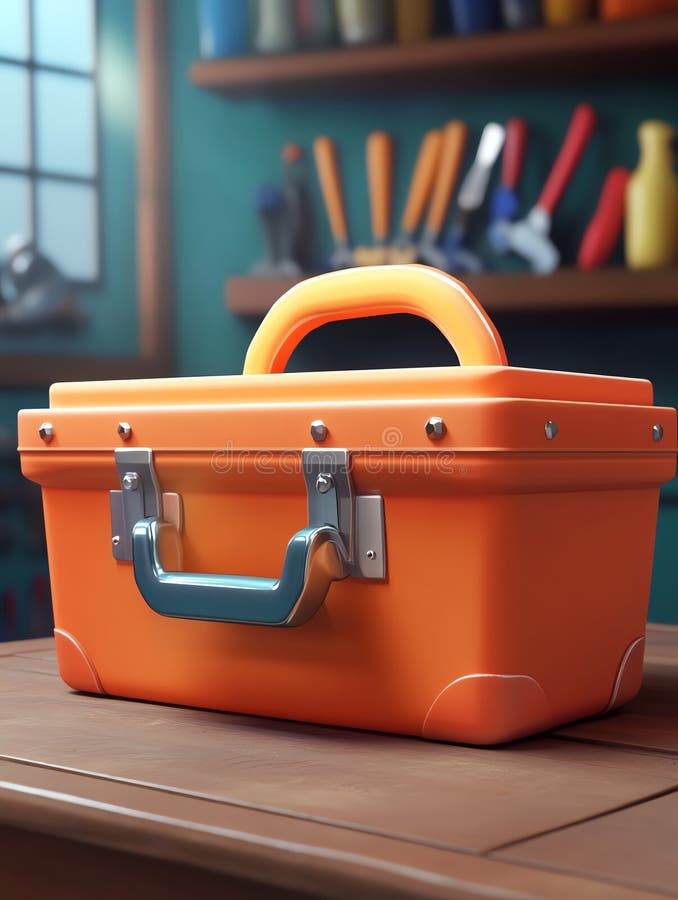 Orange Toolbox on Wooden Workbench in Workshop with Tools Background ...