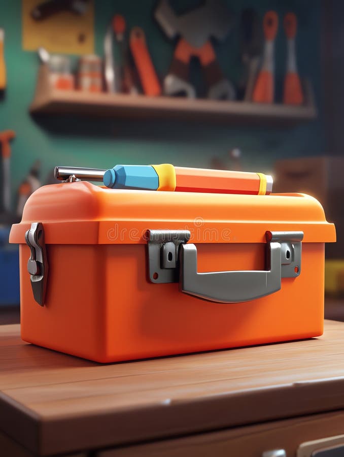 Orange Toolbox on Wooden Workbench in Workshop with Tools Background ...