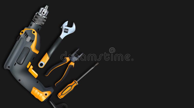 Orange Tools Professional Realistic on Black Background. Electric Drill ...