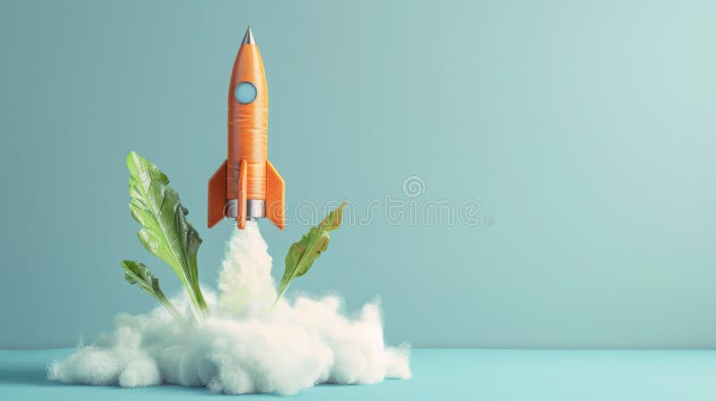 Orange Toy Carrots Rocket Launching with Green Leaves and White Cloud ...