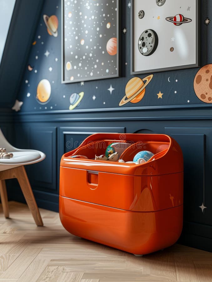 Orange Toy Storage Box in a Kid S Space-themed Room. Stock Photo ...