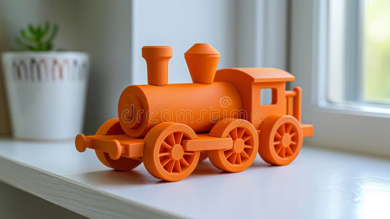Orange Toy Train on a Windowsill with a Potted Plant in the Background ...