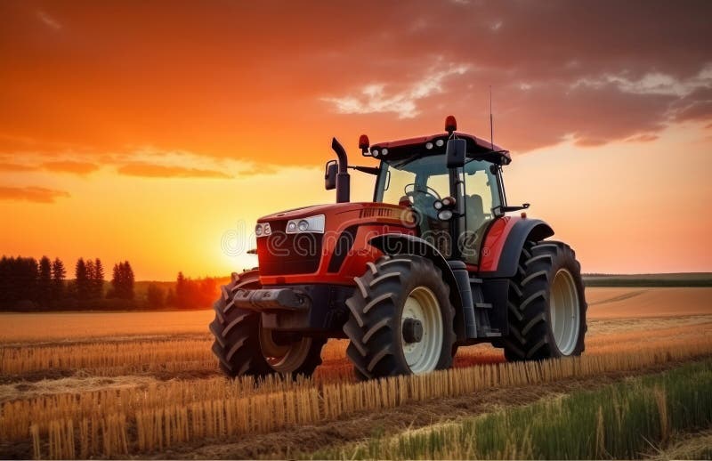 An Orange Tractor is Driving through a Field at Sunset Stock Image ...