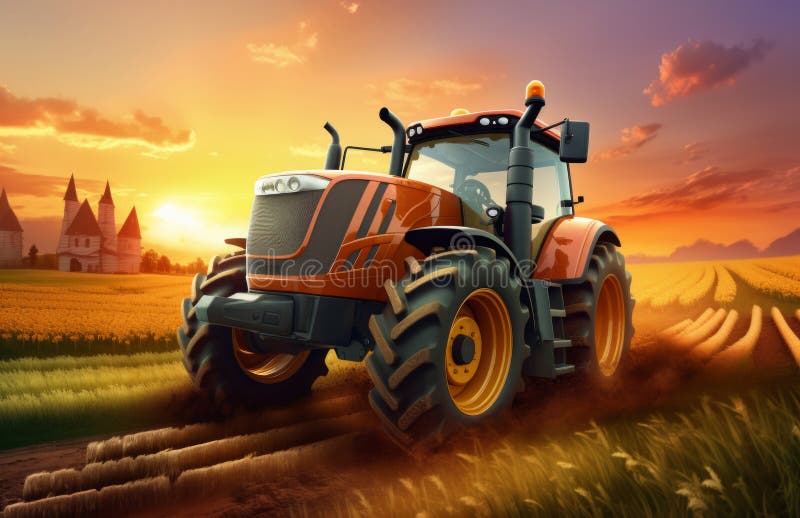 An Orange Tractor is Driving through a Field at Sunset Stock Photo ...
