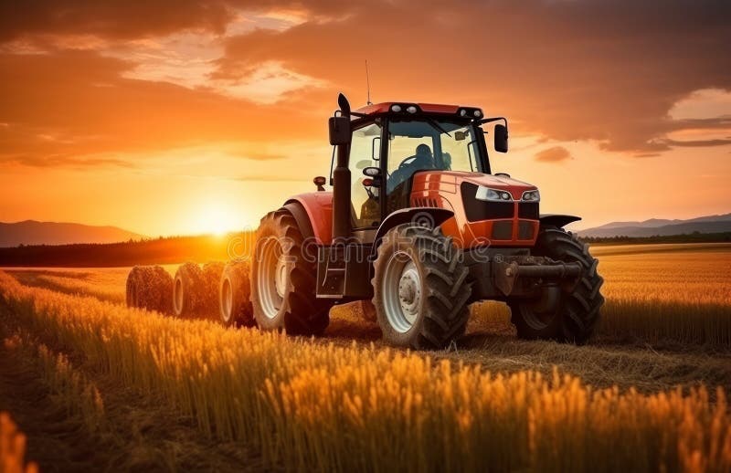 An Orange Tractor is Driving through a Field at Sunset Stock Photo ...