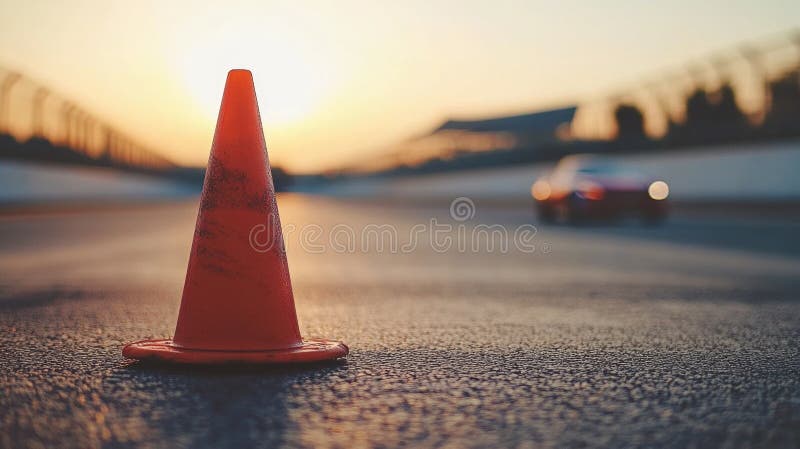 Orange Traffic Cone on Asphalt with Blurred Car at Sunset on Race Track ...